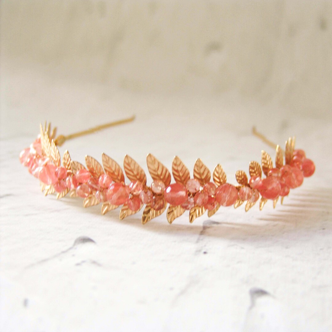 Edelstein Stirnband, Blatt Tiara mit Rosa Quarz Kristall, Rosenquarz ...