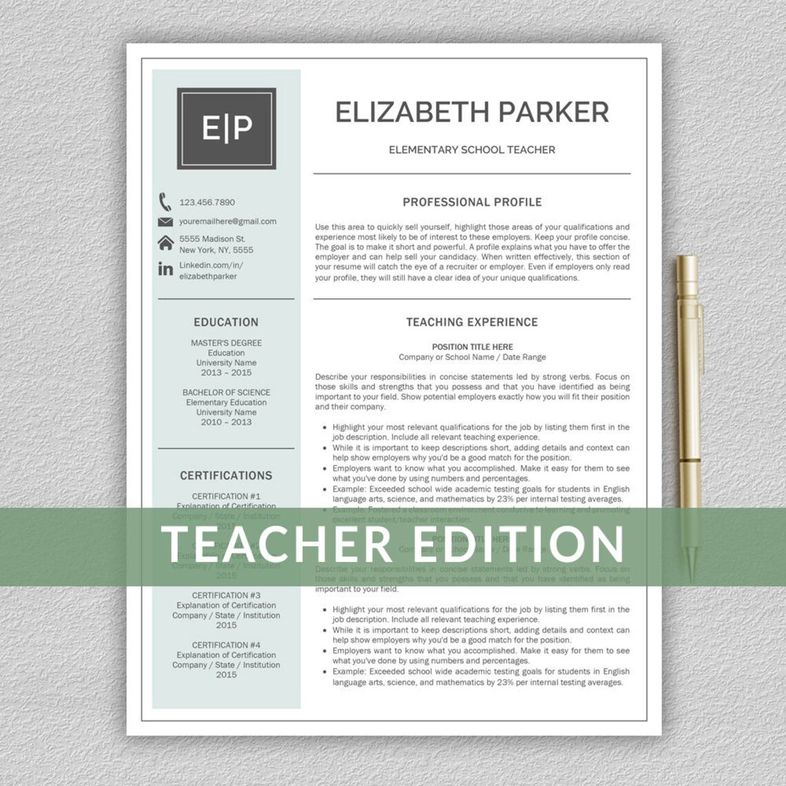 Teacher Resume Template for Word / Resume Teacher CV Teacher Teaching ...