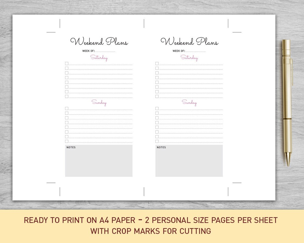 Weekend Planner Printable Personal Size, Weekly Planner Inserts, Weekly ...