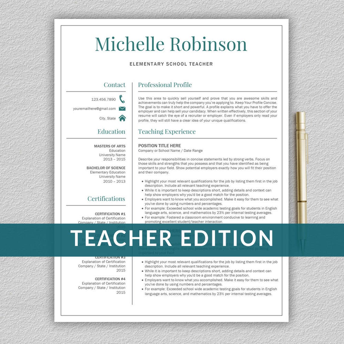 Teacher Resume Template for Word Resume Teacher Elementary - Etsy