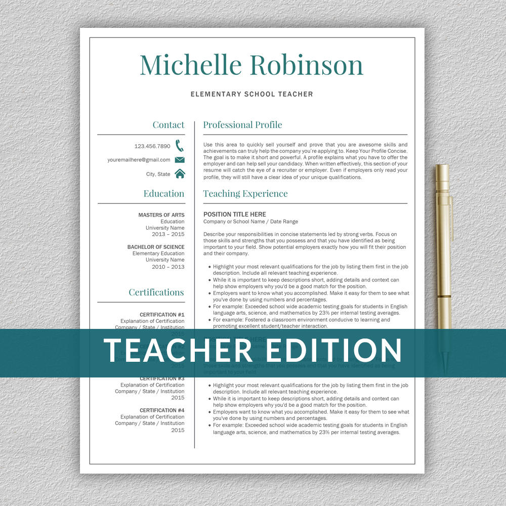 Teacher Resume Template for Word Resume Teacher Elementary - Etsy