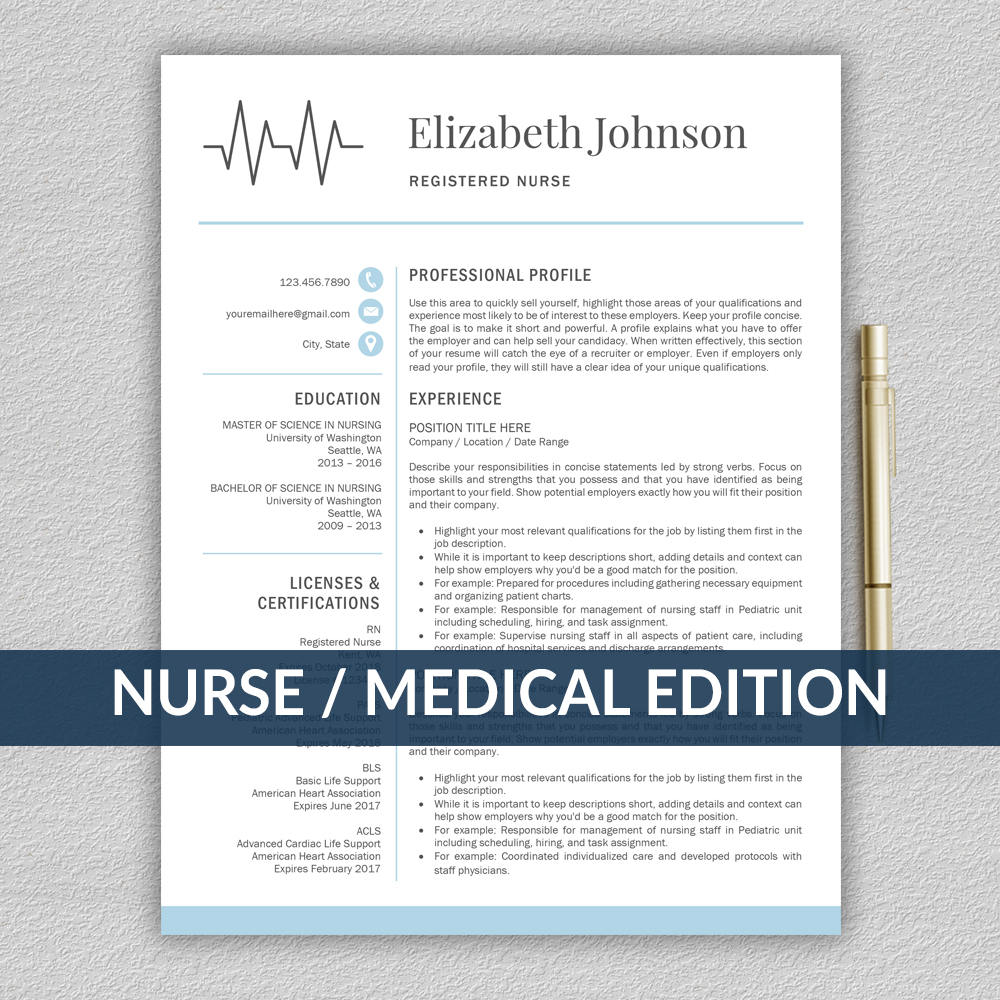 Nurse Resume Template for Word With Matching Cover Letter, Medical CV ...