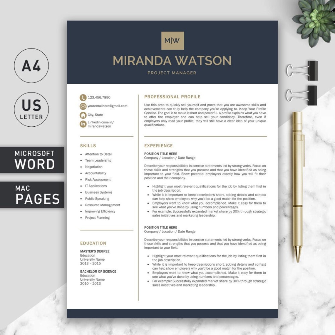 Professional Resume Template, Monogram Resume for Word and Pages ...