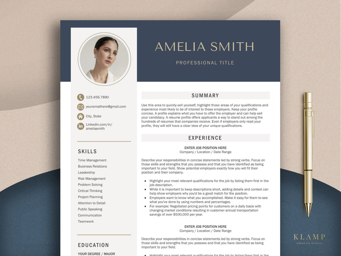 Blue Resume Template With Photo, Modern Resume Template for Word and ...