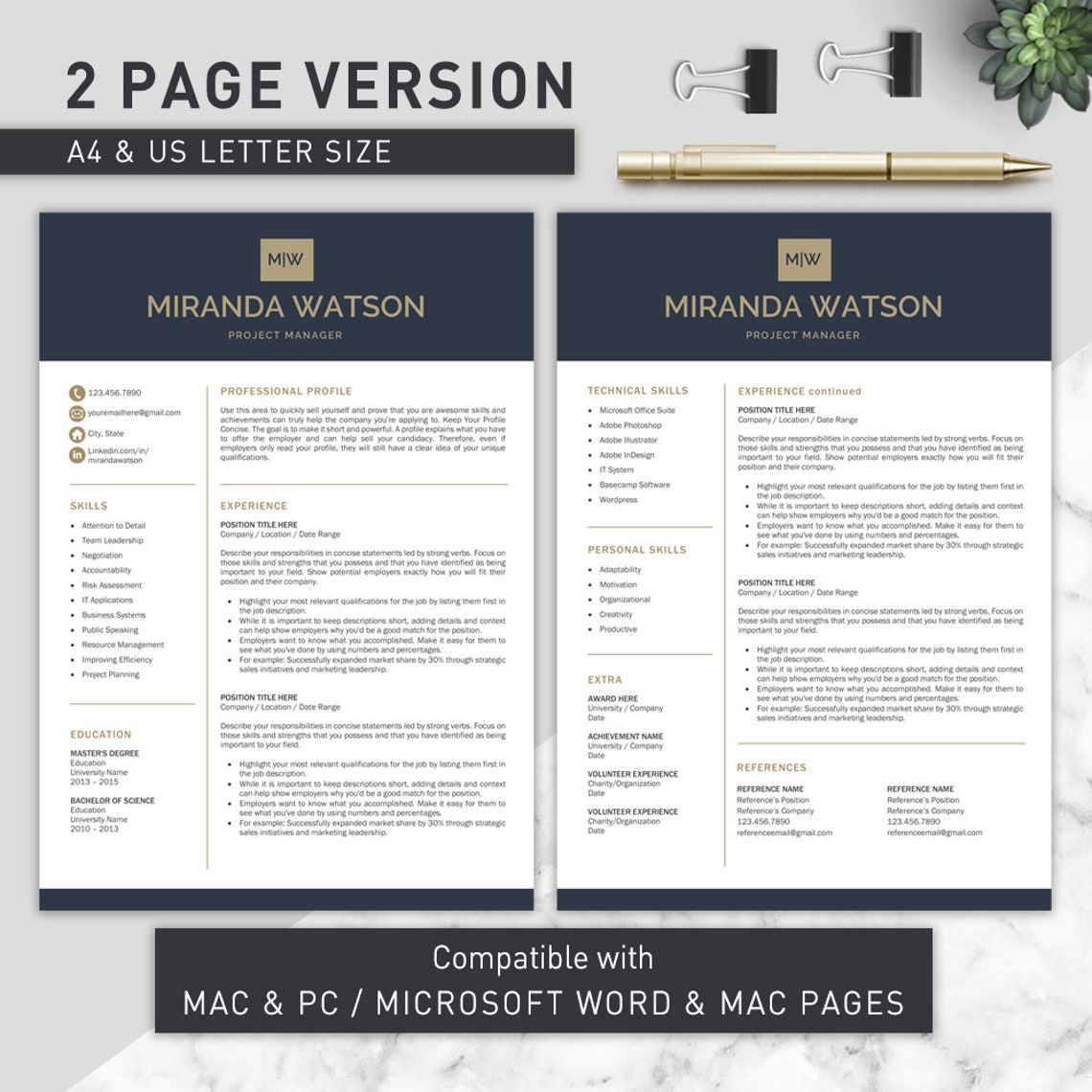 Professional Resume Template, Monogram Resume for Word and Pages ...