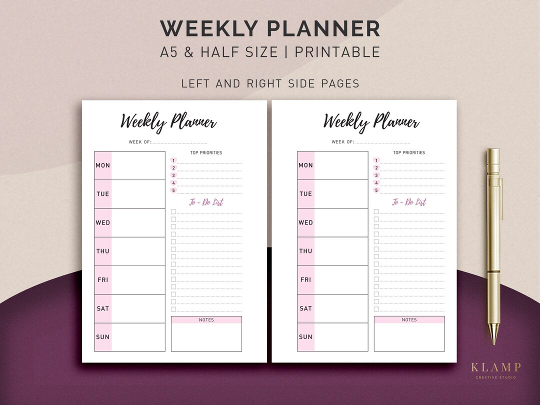 A5 Weekly Planner Printable, Weekly Planner Inserts, Weekly Organizer ...