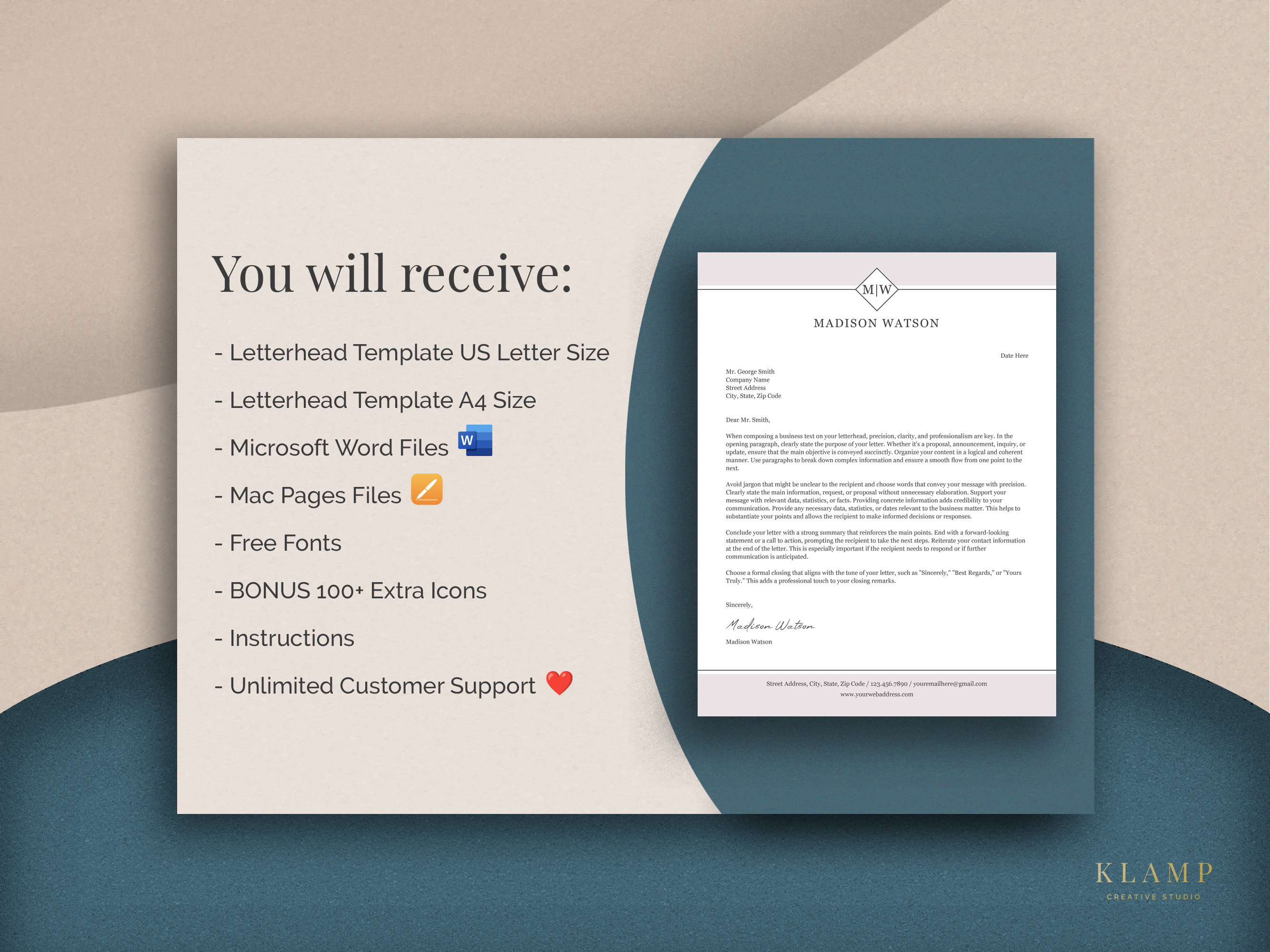 Letterhead Template for Word and Pages, Personalized Letterhead ...