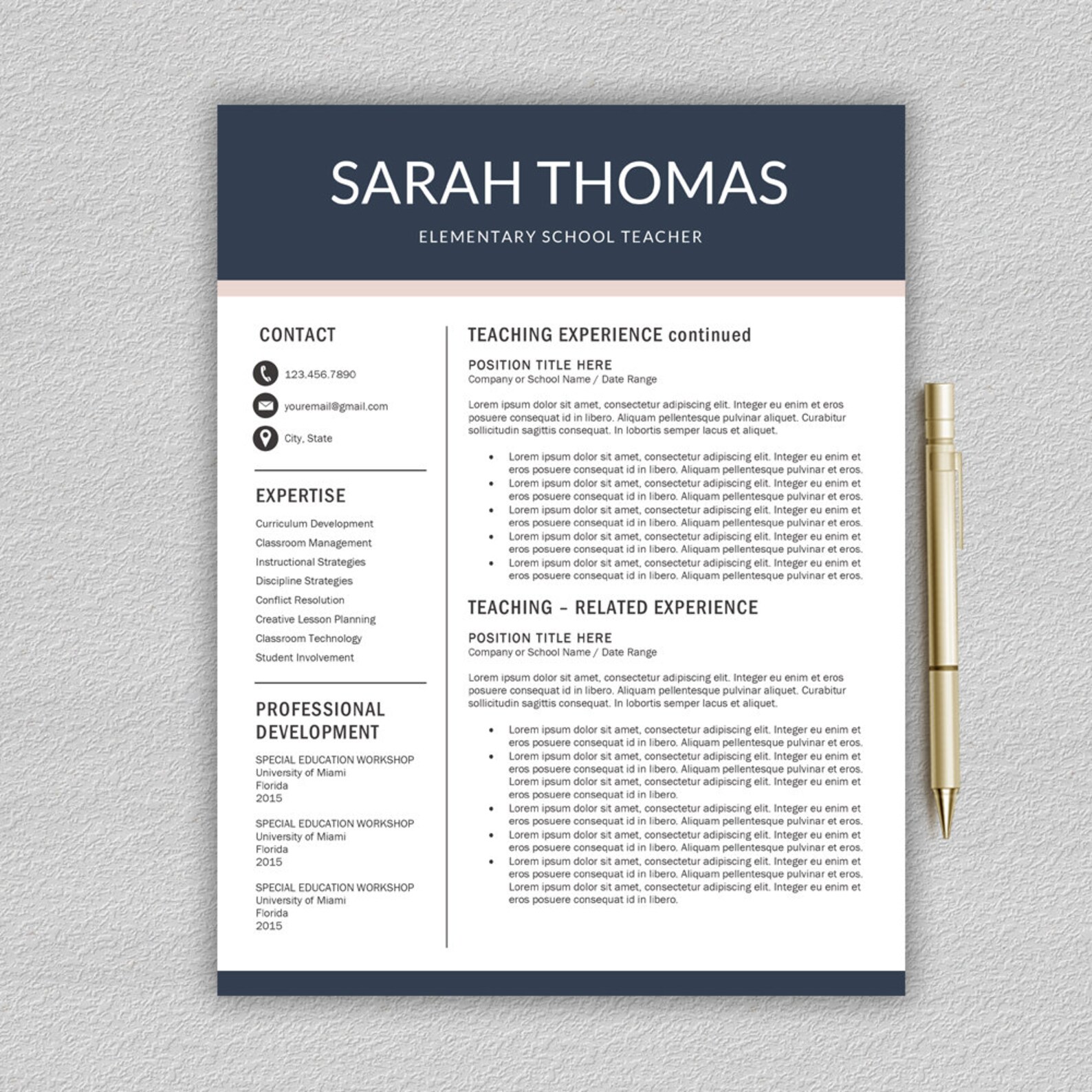 Teacher Resume Template for Word, Resume Teacher, CV Teacher, Teaching ...