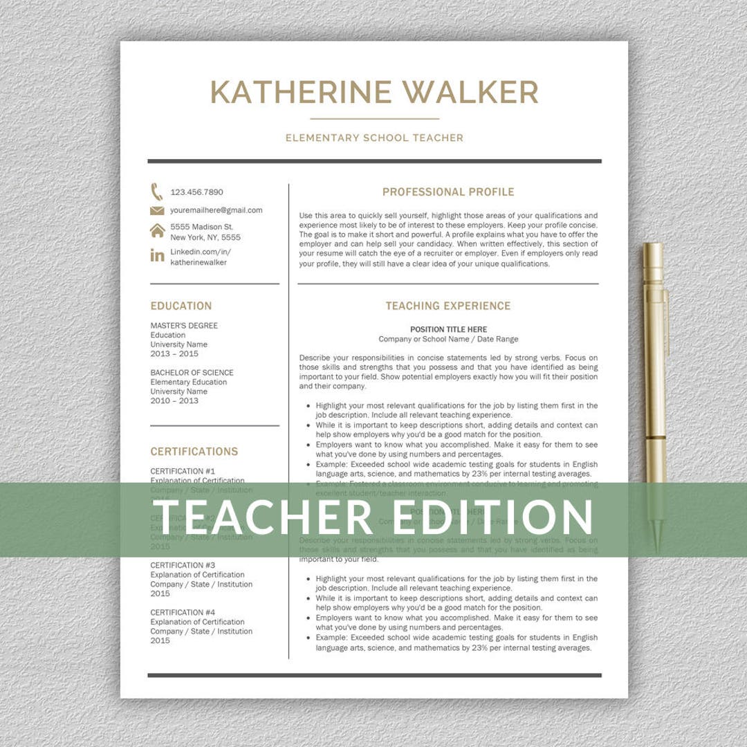 Teacher Resume Template for Word Resume Teacher CV Teacher - Etsy