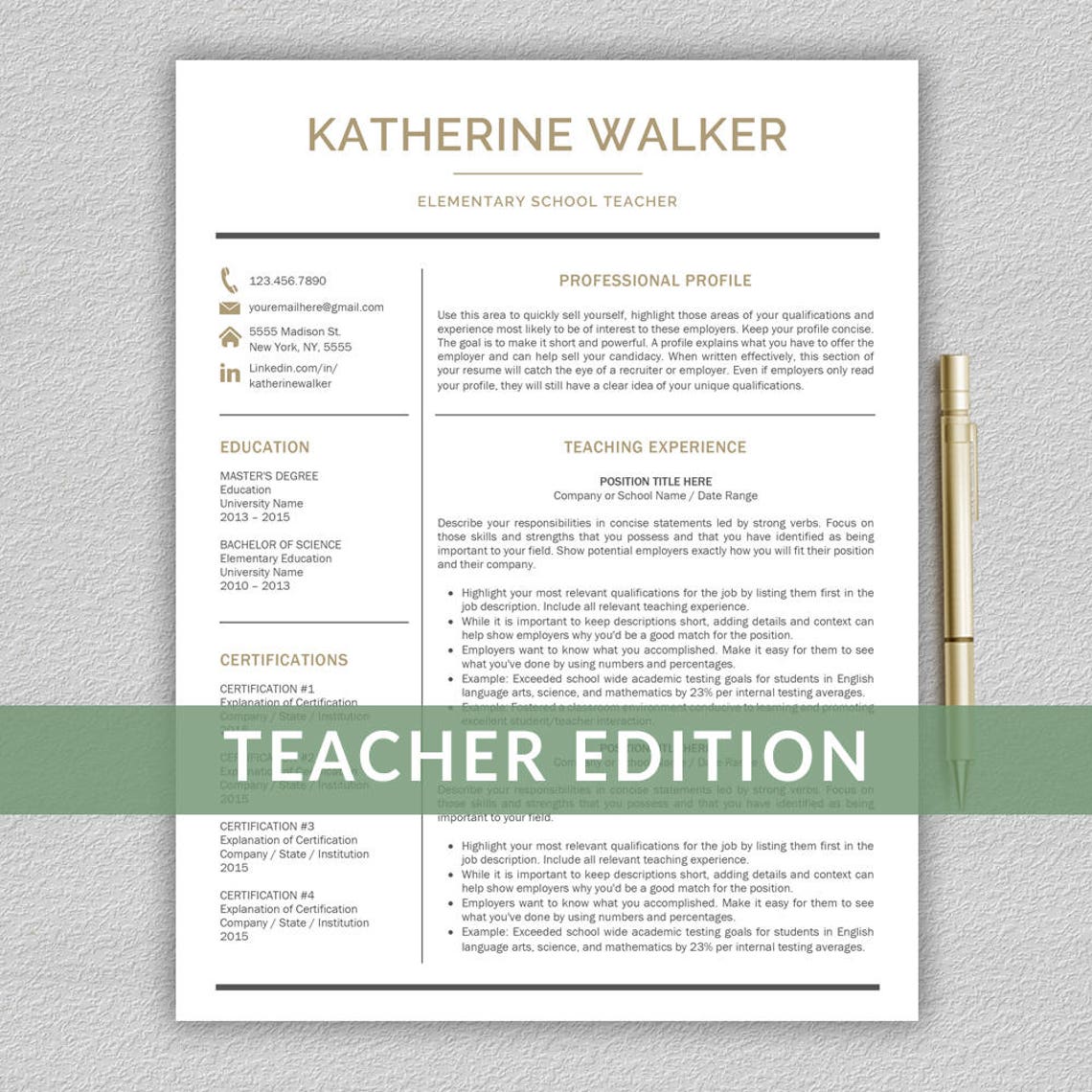 Teacher Resume Template for Word Resume Teacher, CV Teacher, Elementary ...
