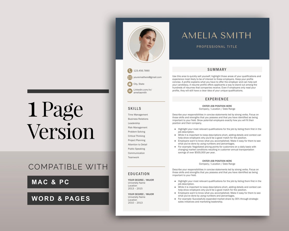 Blue Resume Template With Photo, Modern Resume Template for Word and ...