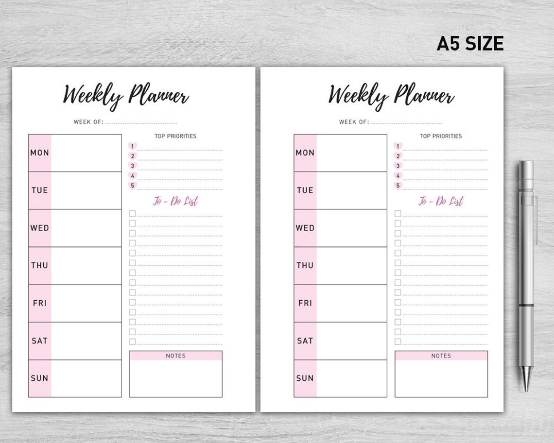 A5 Weekly Planner Printable, Weekly Planner Inserts, Weekly Organizer ...