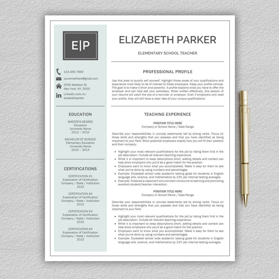 Teacher Resume Template for Word / Teacher CV Template - Etsy