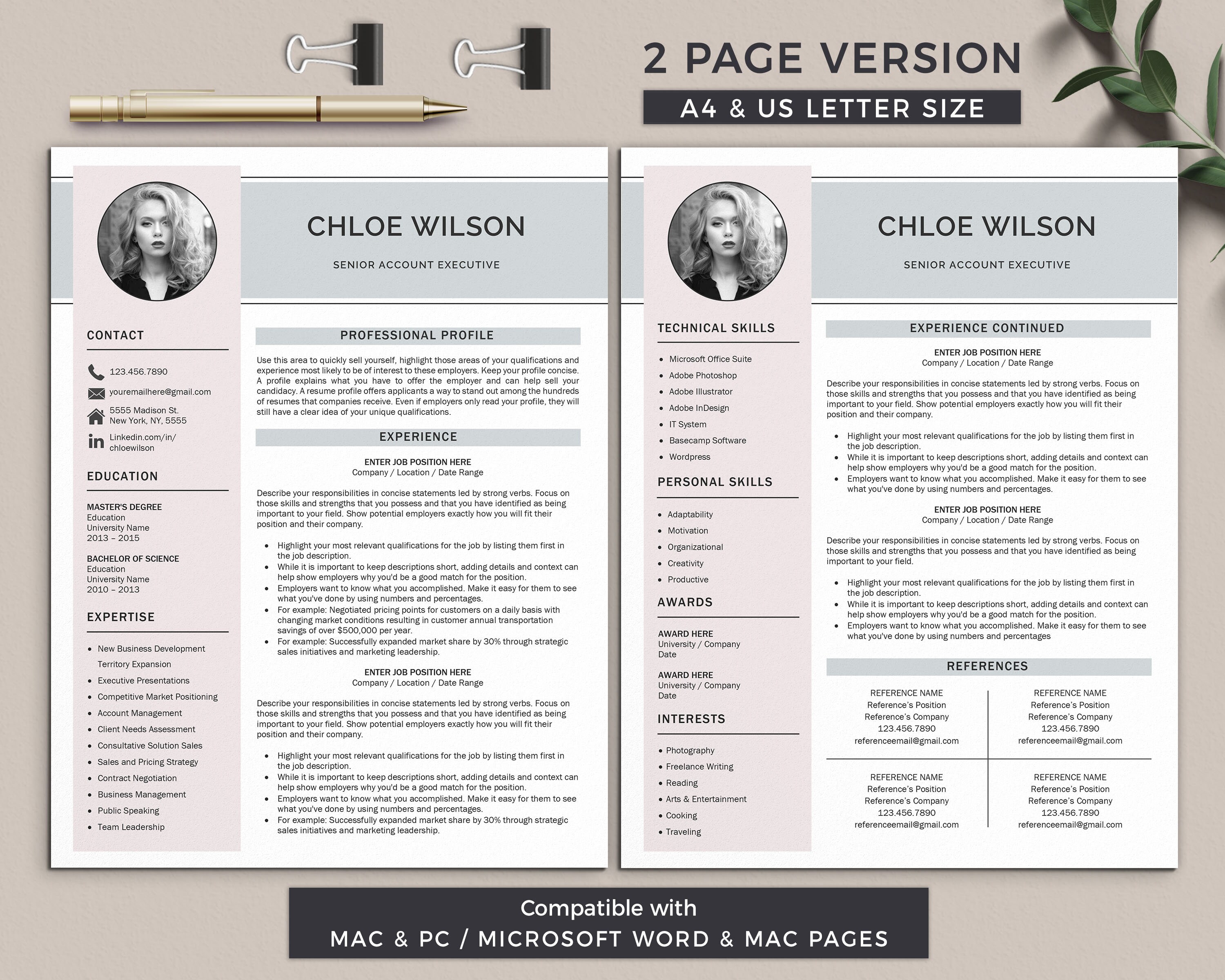 Resume Template for Word & Apple Pages With Matching Cover Letter ...