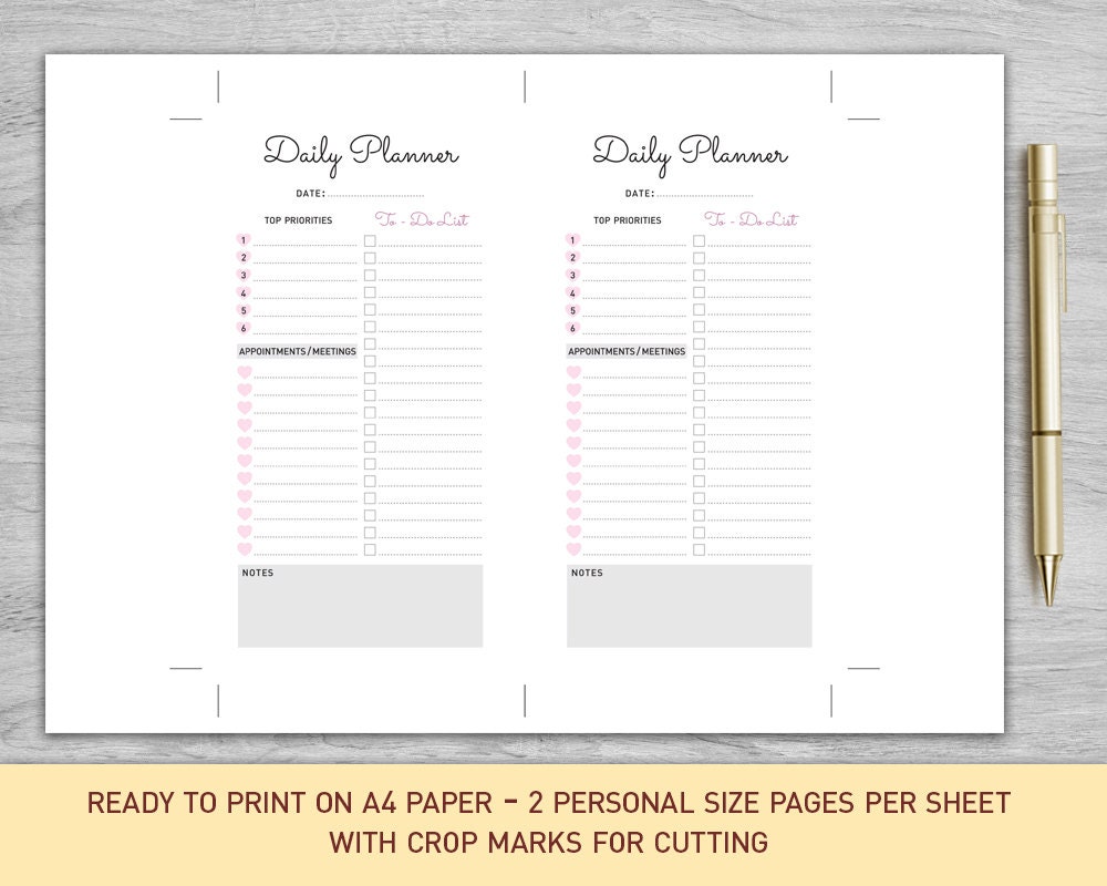 Personal Size DAILY PLANNER Printable Planner Inserts Daily - Etsy