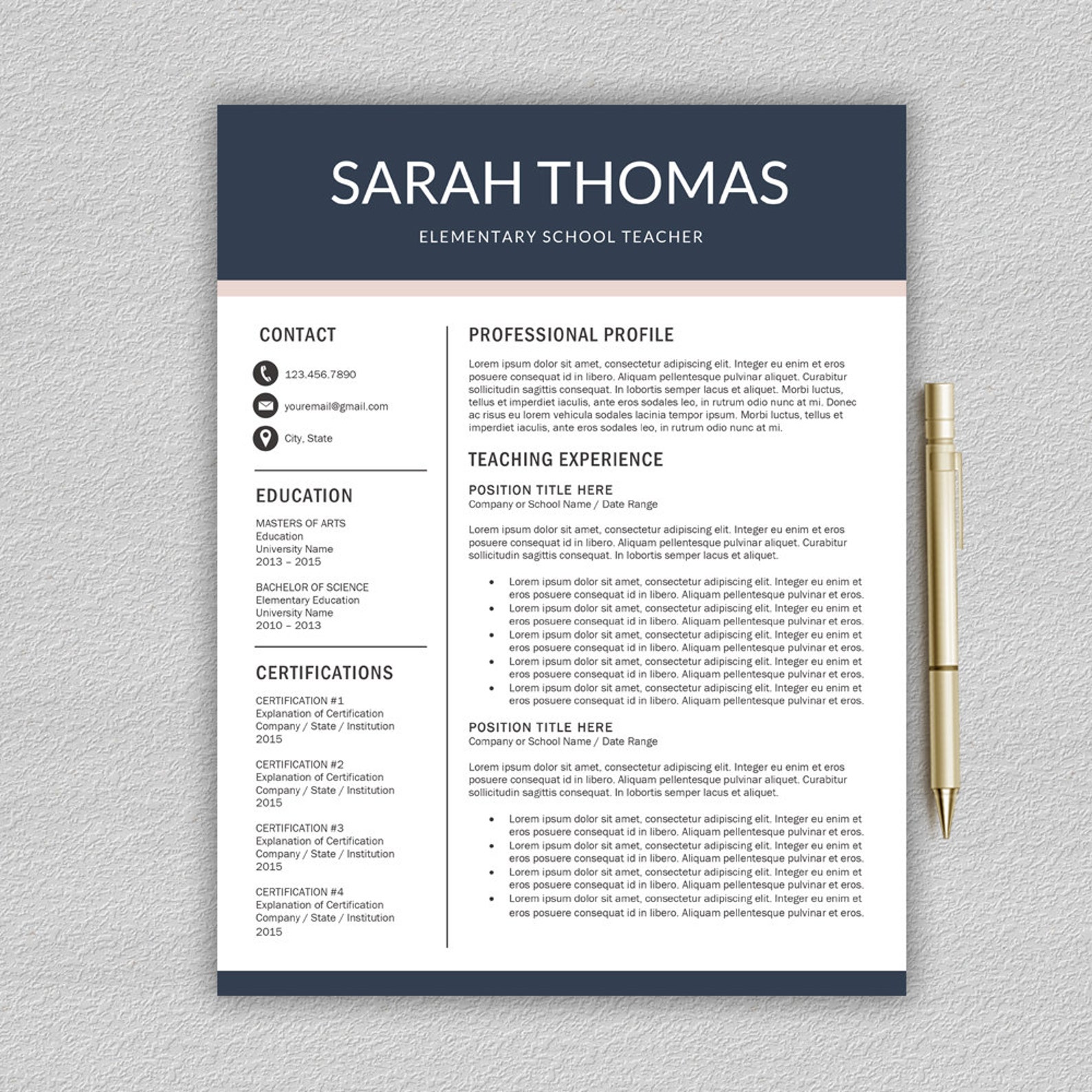 Teacher Resume Template for Word, Resume Teacher, CV Teacher, Teaching ...