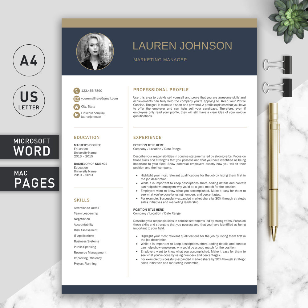 Executive Resume Template With Photo for Word and Apple Pages ...