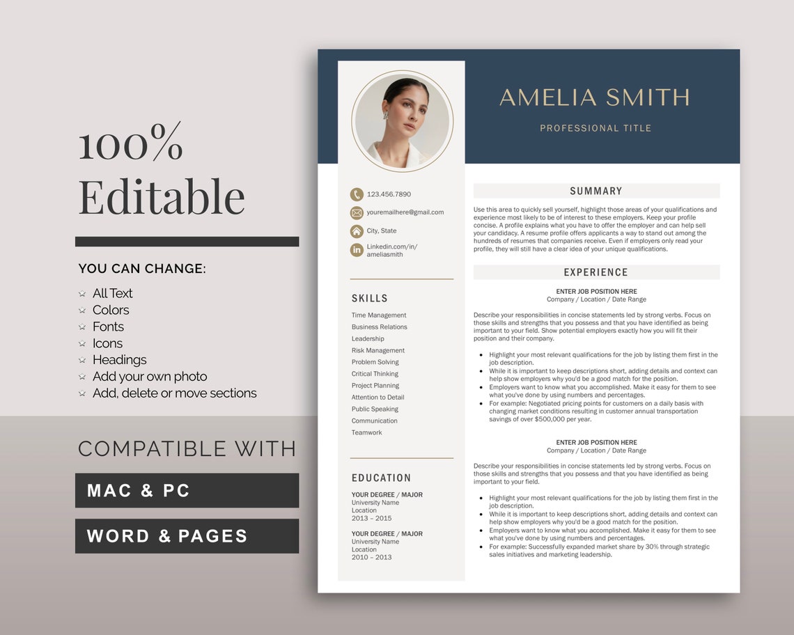 Blue Resume Template With Photo, Modern Resume Template for Word and ...