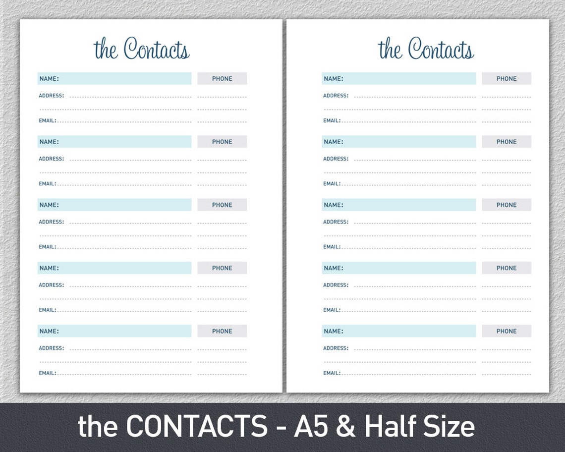 Lista de contactos A5 imprimible, hoja de contactos, contactos ...