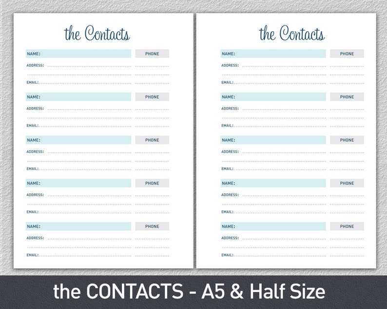 A5 Contact List Printable, Contact Sheet, Printable Contacts, Address ...