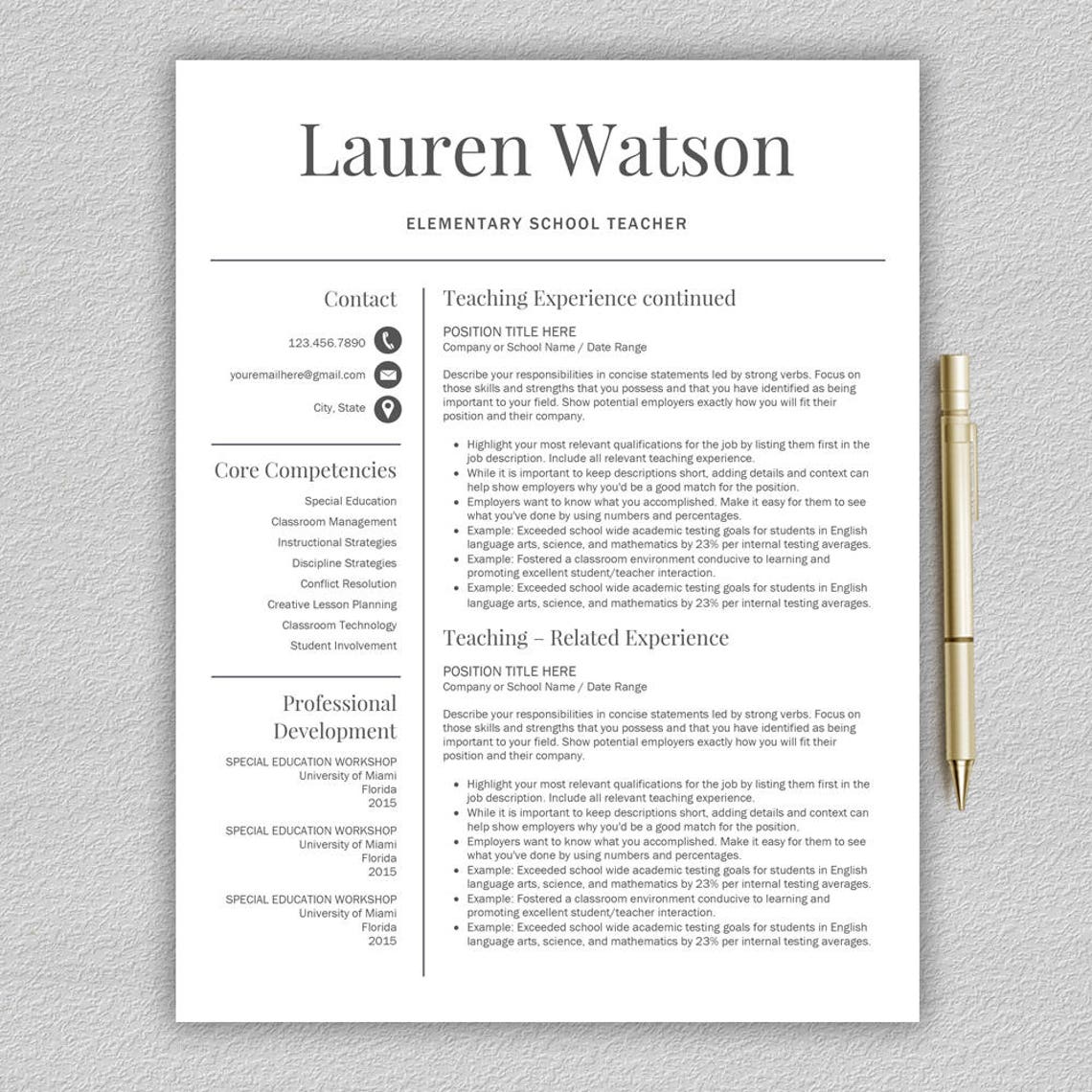 Teacher Resume Template for Word, Teacher CV Template, Teaching Resume ...