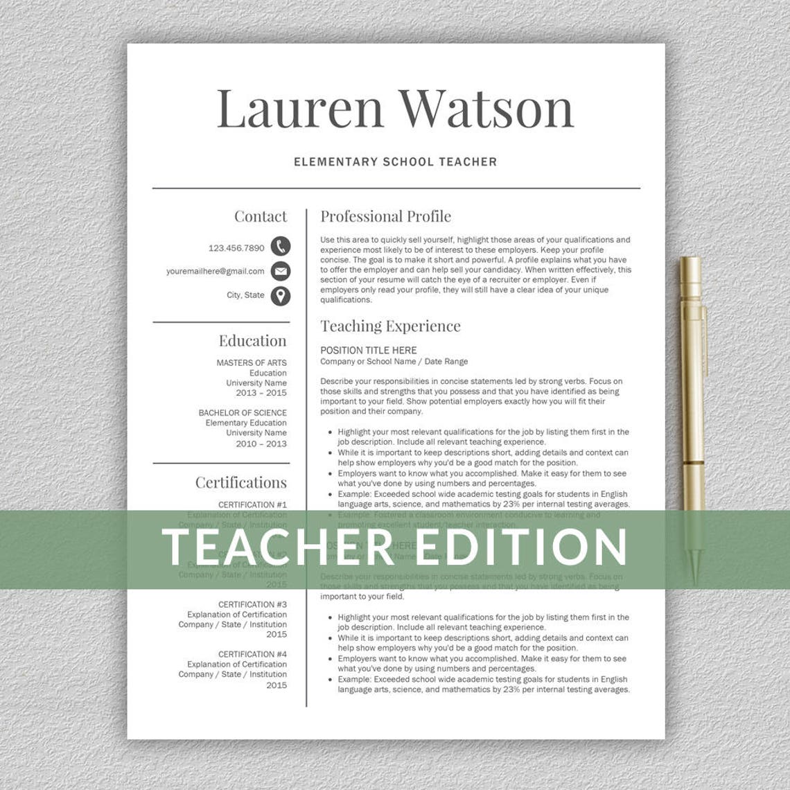 Teacher Resume Template for Word, Teacher CV Template, Teaching Resume ...