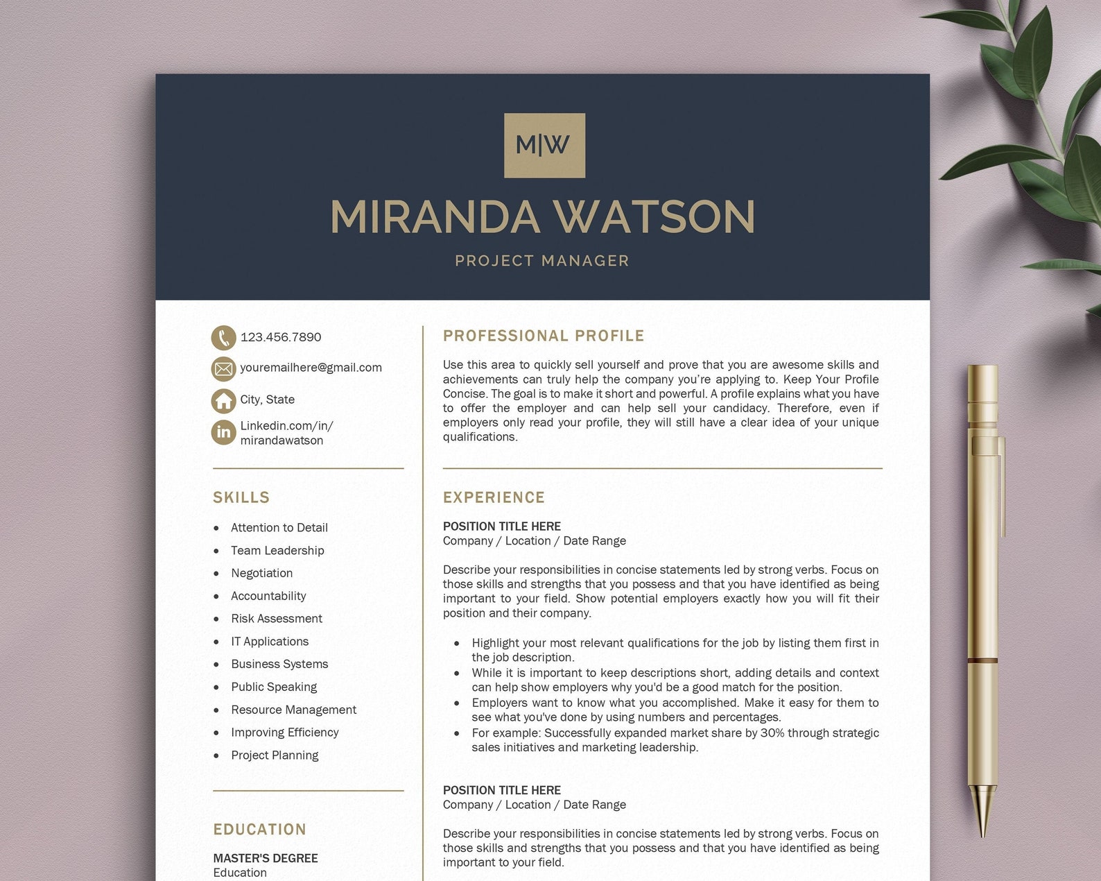 Professional Resume Template, Monogram Resume for Word and Pages ...
