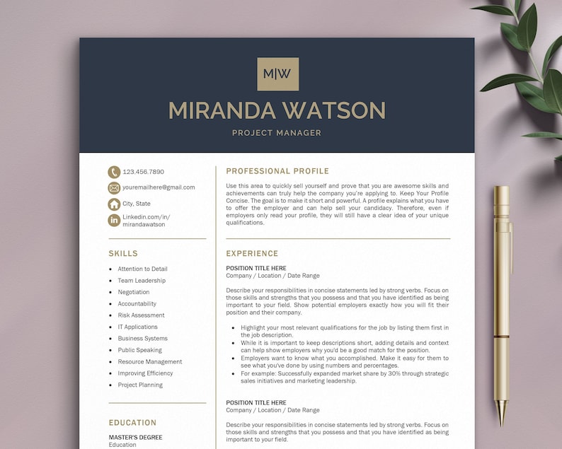 Professional Resume Template, Monogram Resume for Word and Pages ...