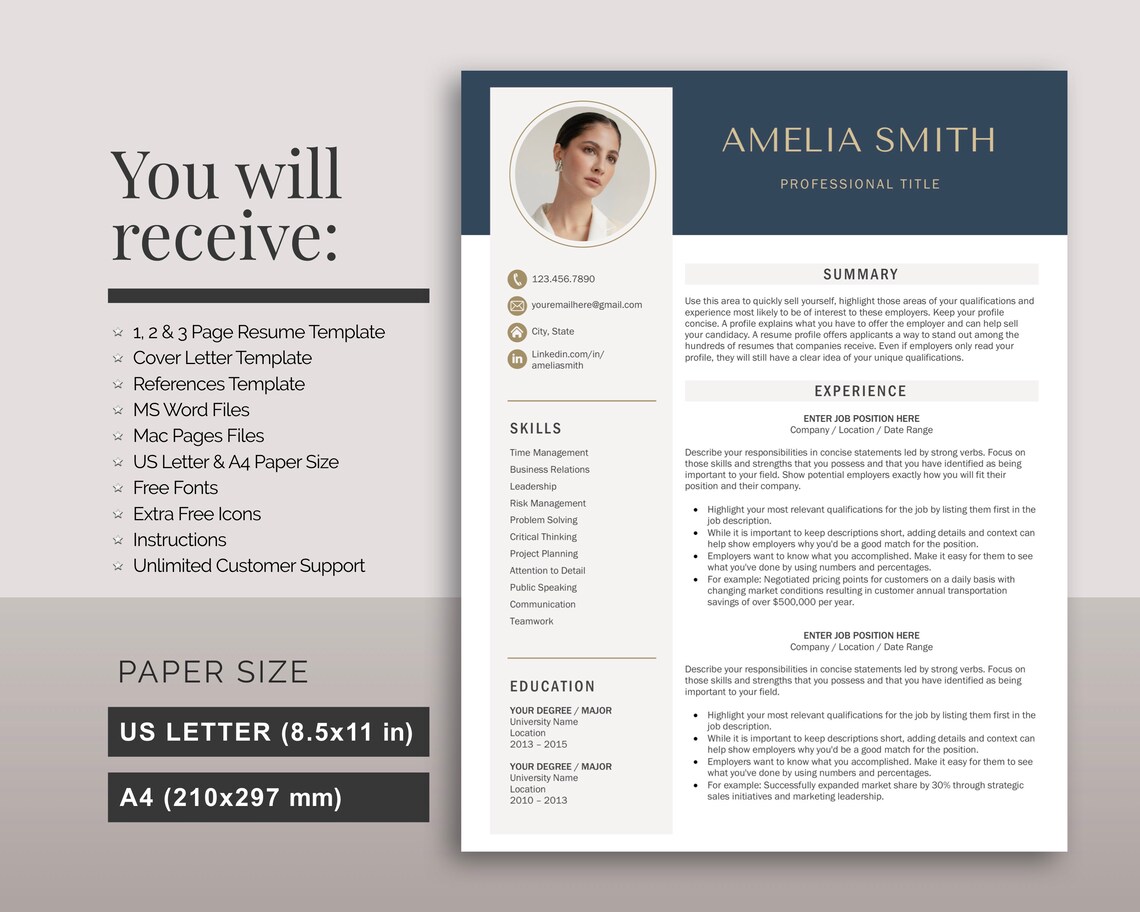 Blue Resume Template With Photo, Modern Resume Template for Word and ...