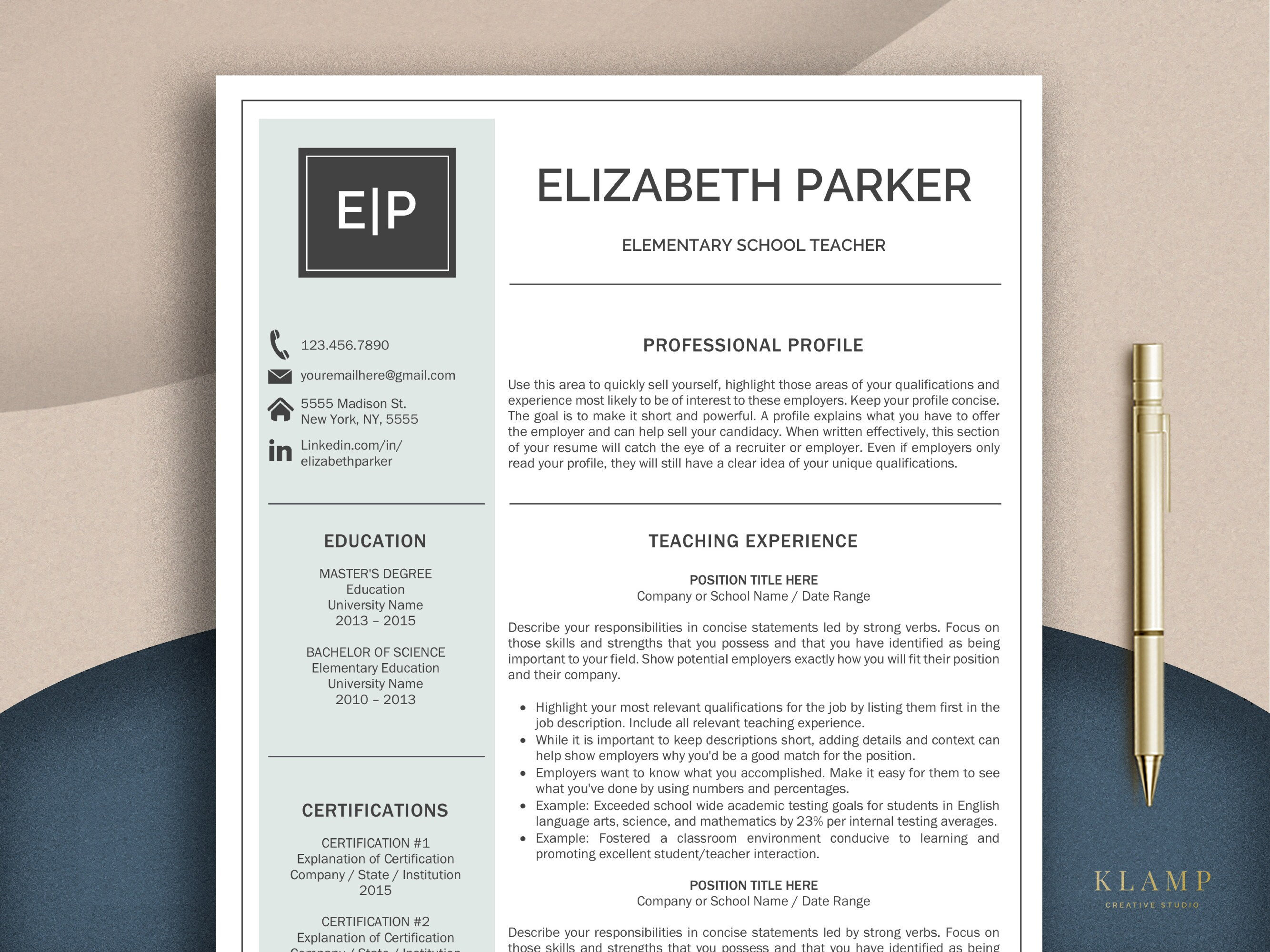 Teacher Resume Template for Word, Resume Teacher, CV Teacher, Teaching ...