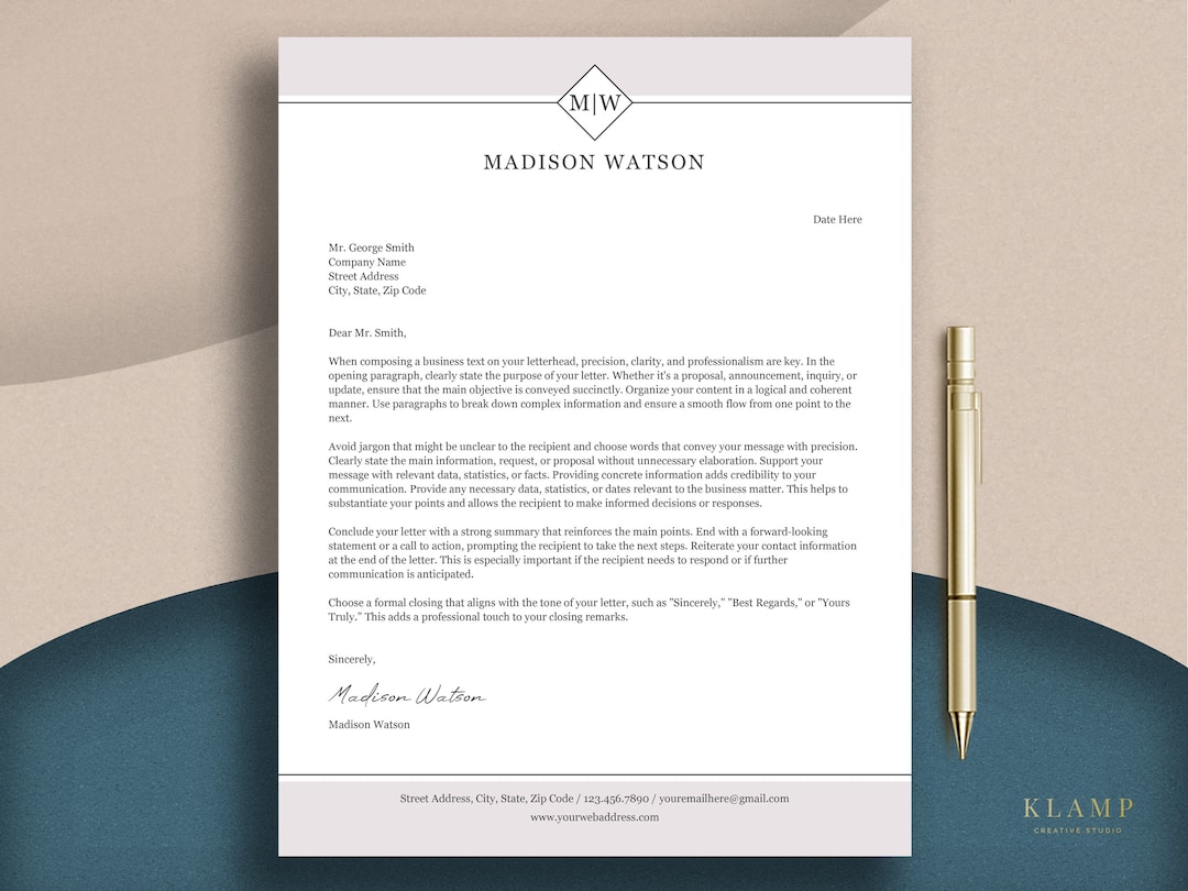 Letterhead Template for Word and Pages, Personalized Letterhead ...