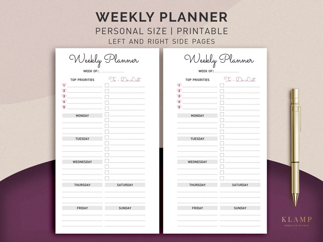 Personal Size Weekly Planner Weekly Planner Printable, Weekly Organizer ...