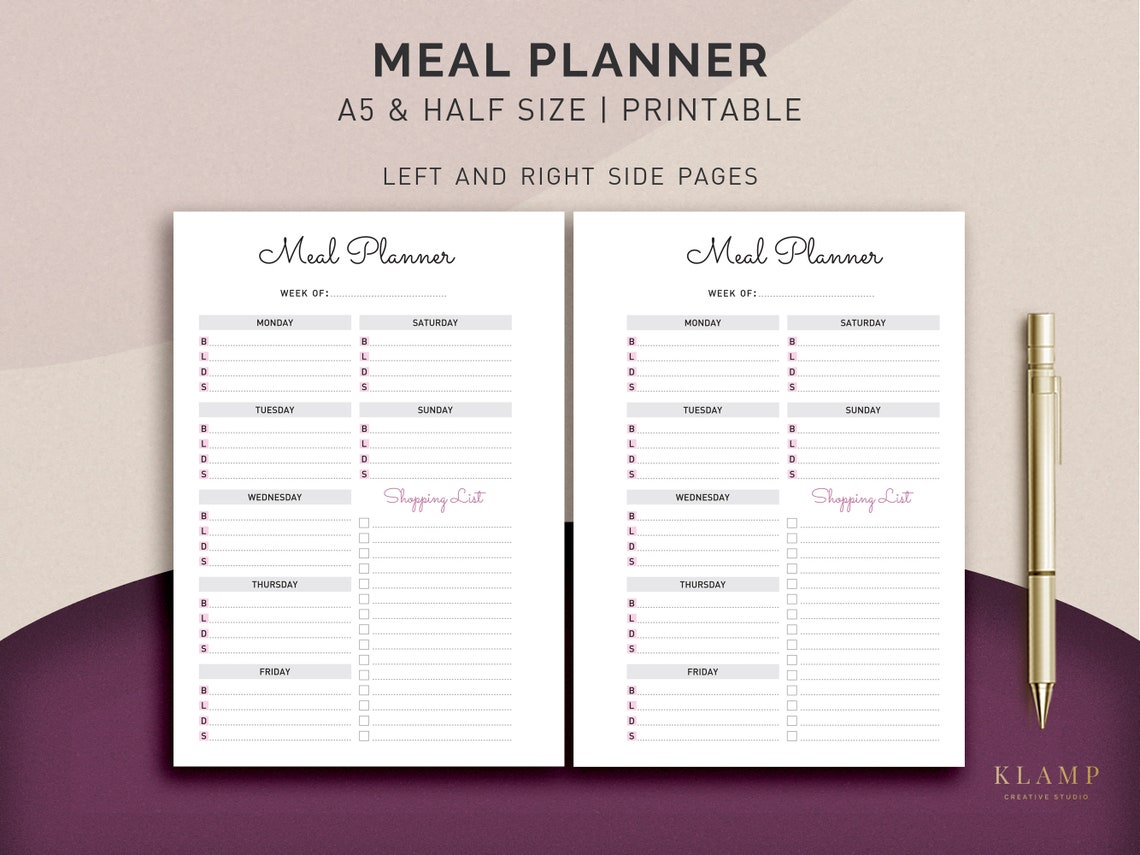 A5 Meal Planner Printable, Weekly Meal Planner, Menu Planner, Printable ...