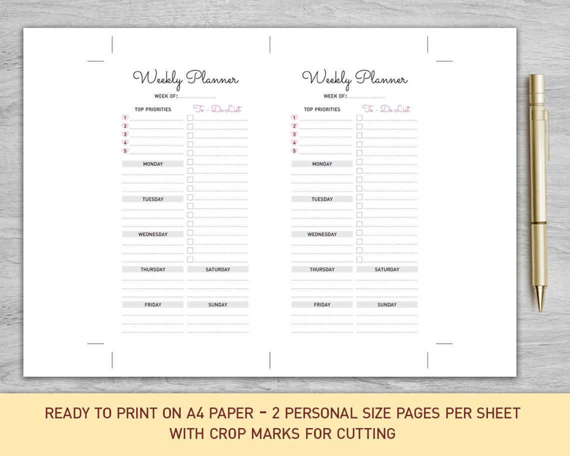 Personal Size WEEKLY PLANNER Weekly Planner Printable Weekly - Etsy