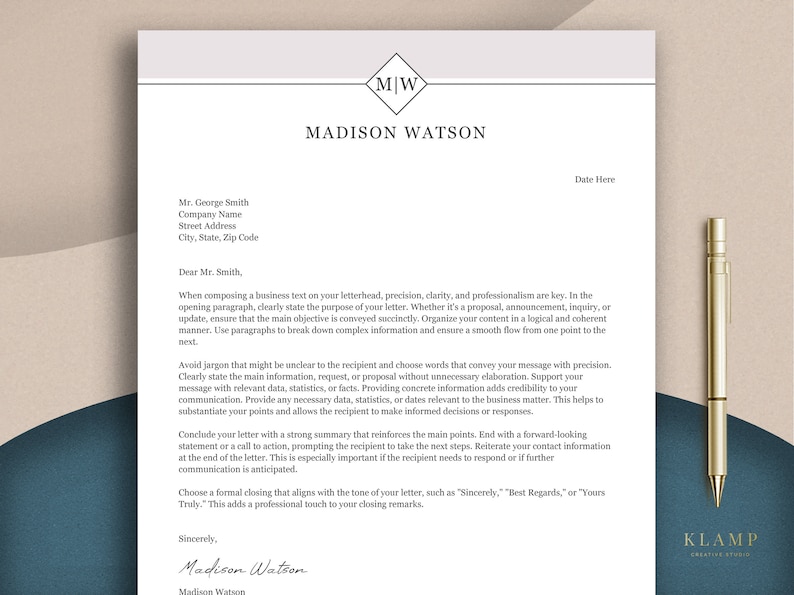 Letterhead Template for Word and Pages, Personalized Letterhead ...