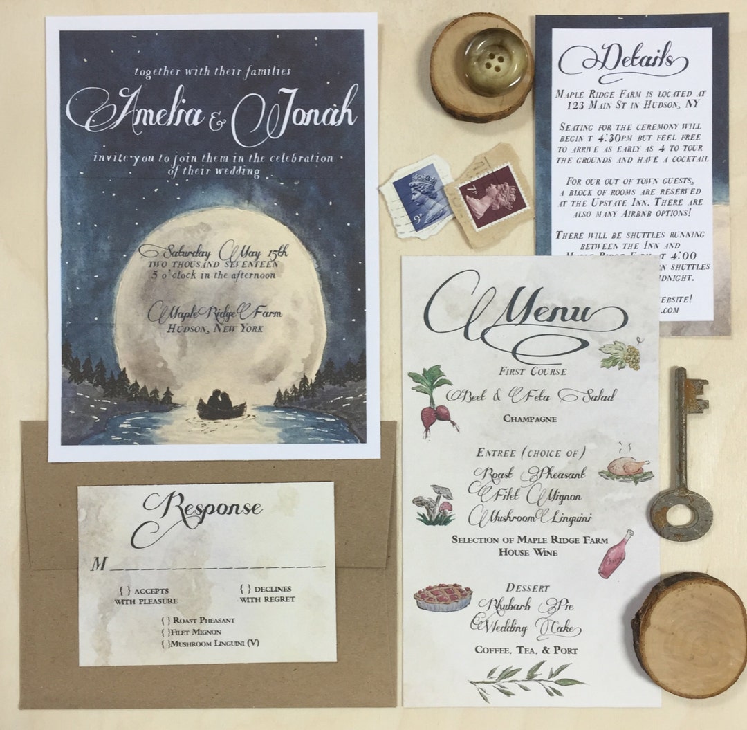 Lake Wedding Invitation Set, Rustic Moonlight Watercolor Digital File ...