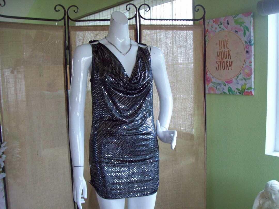 Silver Spangles Bodycon Cowl Neckline Mini Dress Clubbing Sparkle Dress ...