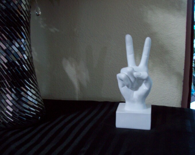 Peace Sign Hand Sculpture on Base White Wood or Resin Bookshelf Decor ...