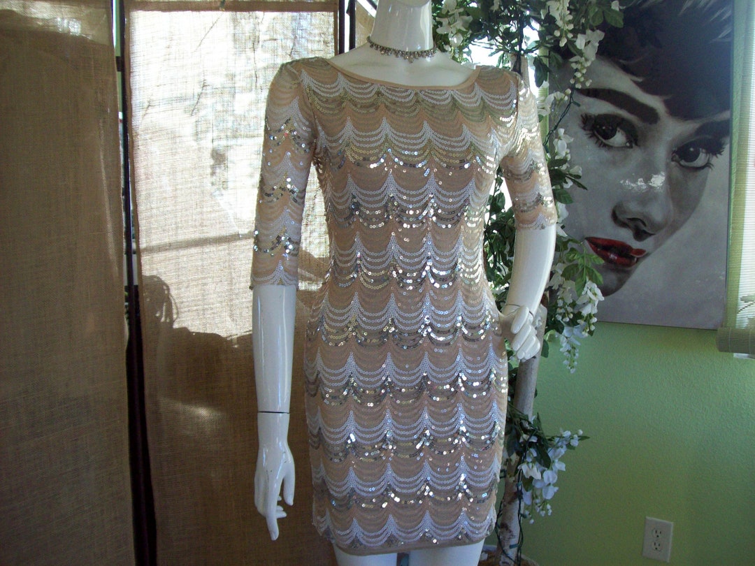 Nude Blush Party Sequin Dress Clubbing Dress Iridescent Silver Blush ...