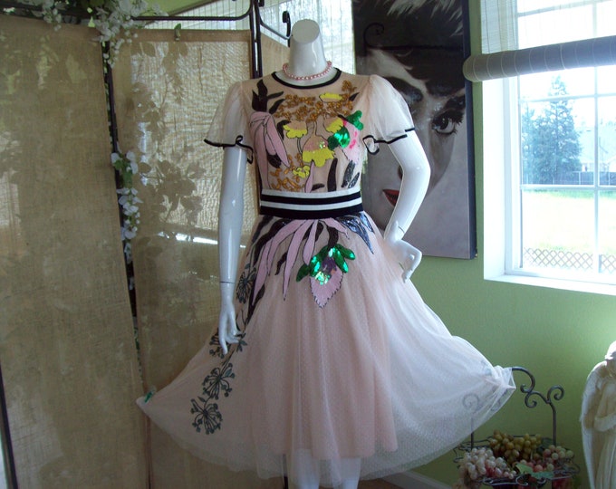 Retro Prom Dress Blush Peachy-pink Sequin Embroidered Floral Swiss Dot ...