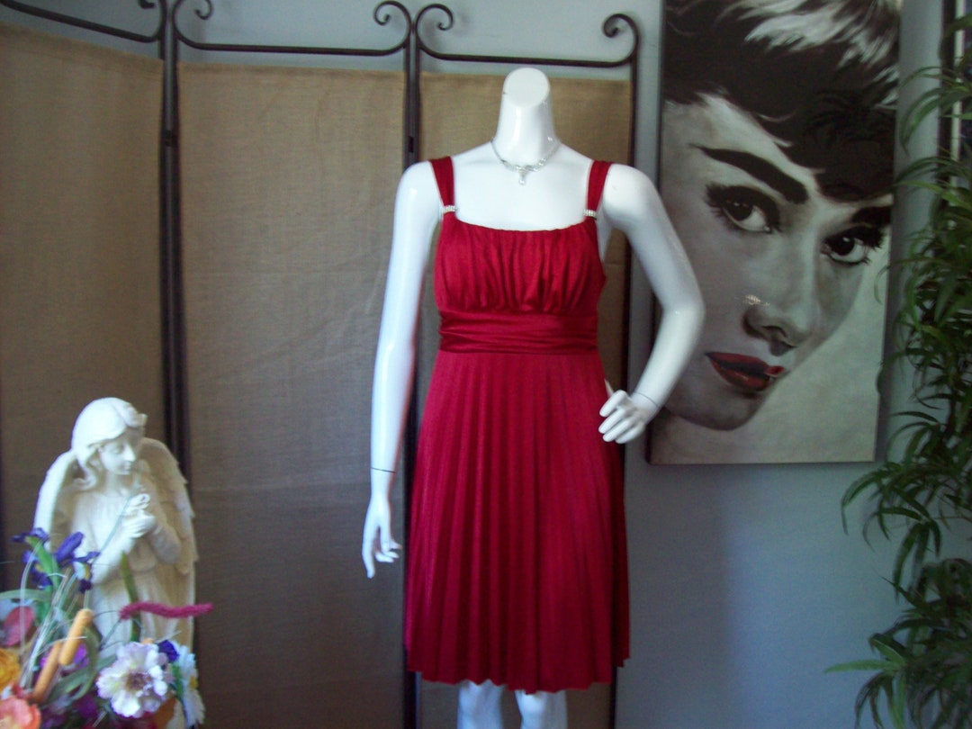 Ruby Red Dress Permanent Pleat Party Dress Rhinestone Strap Satin Lined ...