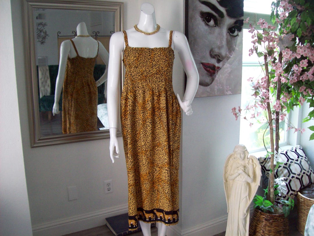 Cheetah Dress Shift Style Smocked Elastic Bodice Side Slits Pocket ...