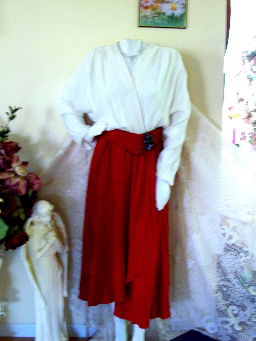 Red Cream Dress Cocktail Flowy Wrap Style Skirt Waist Belt Bow Detail ...