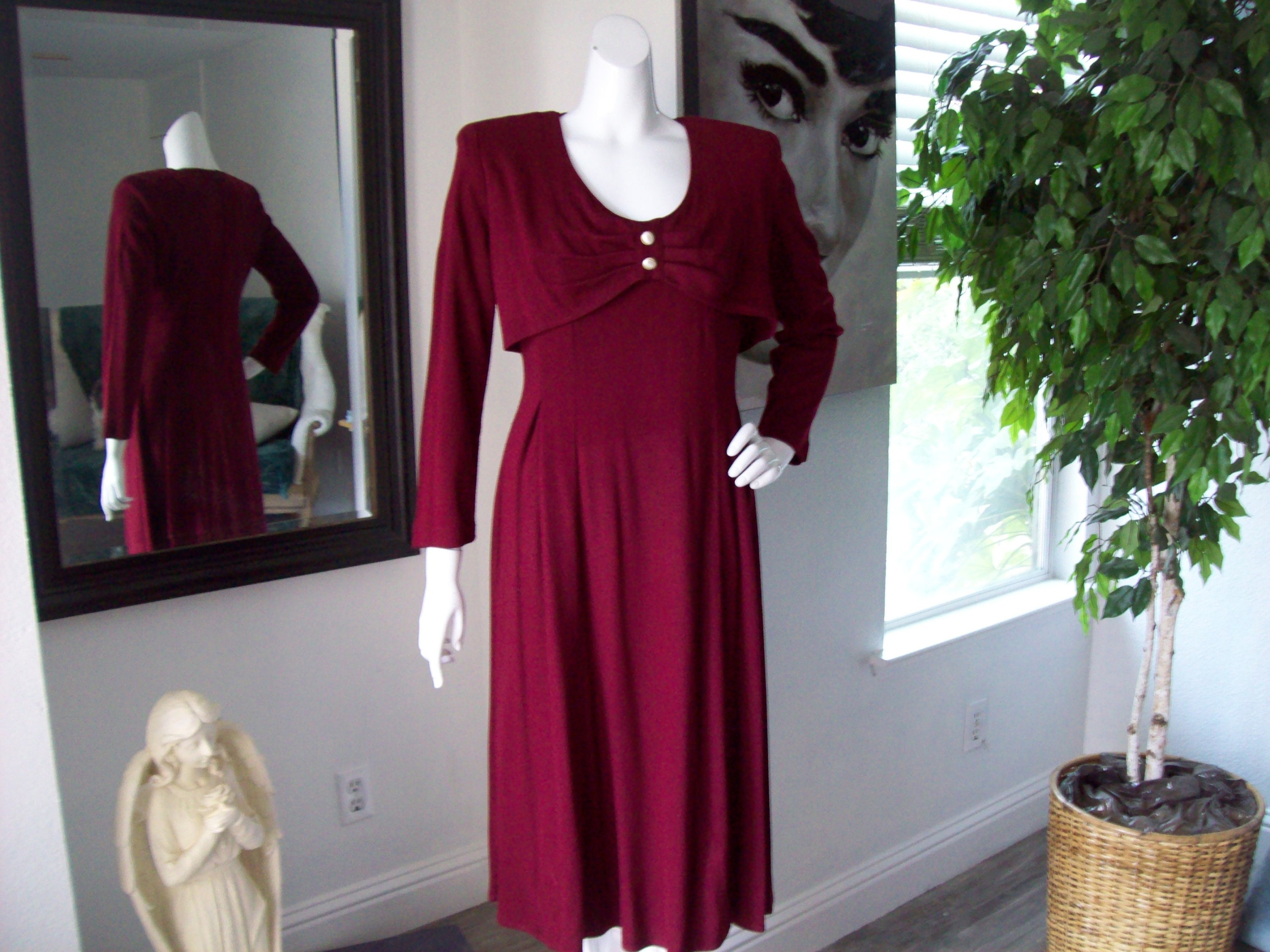 Burgundy Red Dress Wine Capelet Bodice Dress Fit and Flare Holiday ...