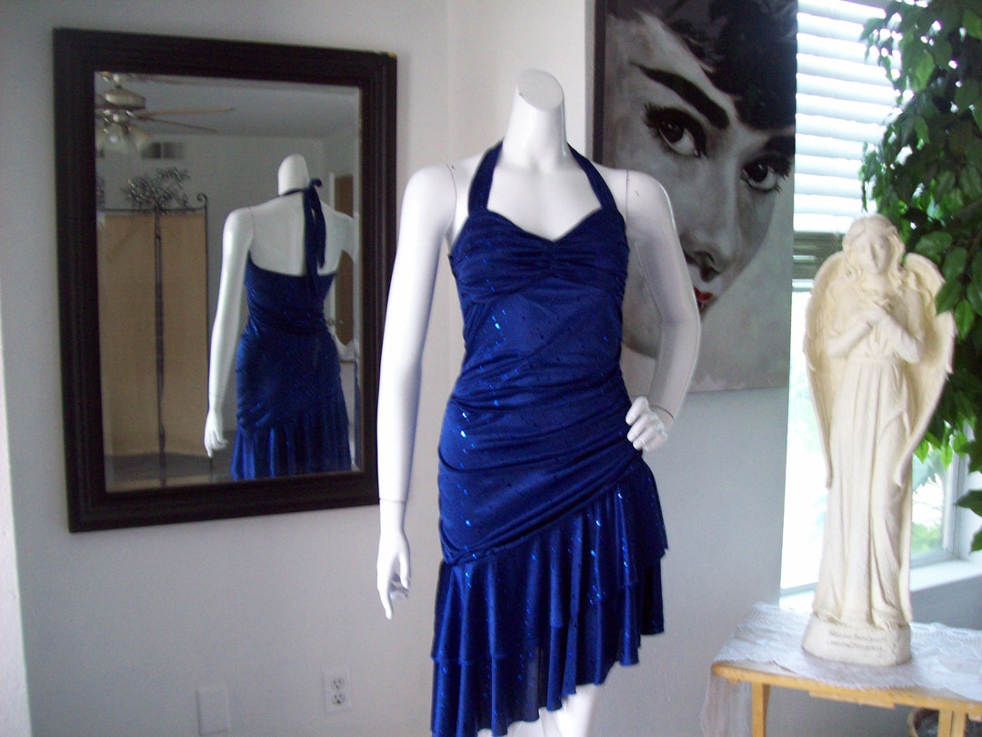 Salsa Spangle Halter Dress Midnite Blue Tierd Ruffled Hemline Ruched ...