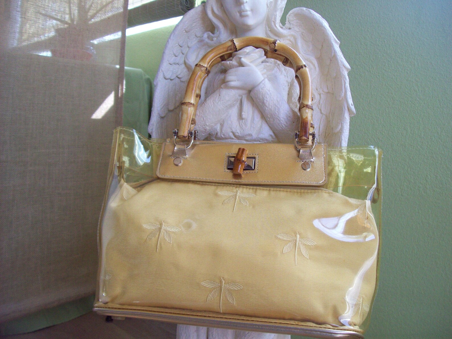 NWOT Gold Lame Satchel Dragonfly Handbag Bamboo Handles Footed - Etsy