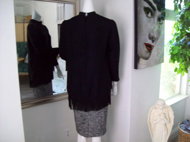 Black Tunic Top Fringed Hemline and Arms Split Mandarin Collar Elegant ...