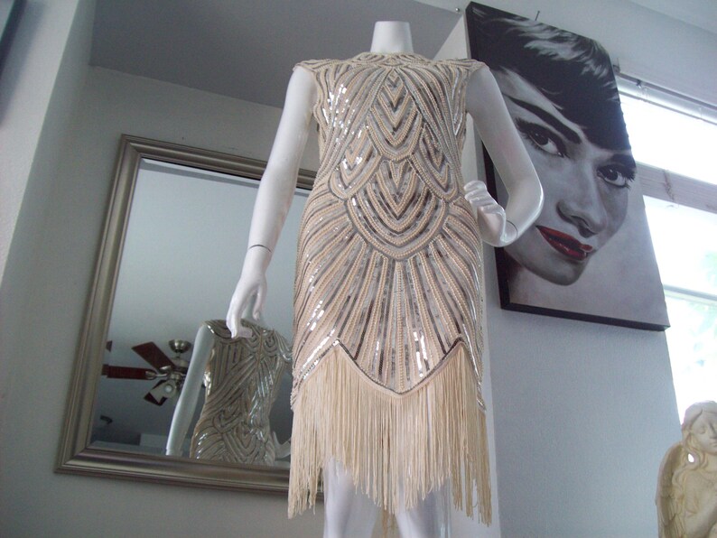 Flapper Dress Nude-beige High Low Fringe Hem Silver Sequins Gatsby ...