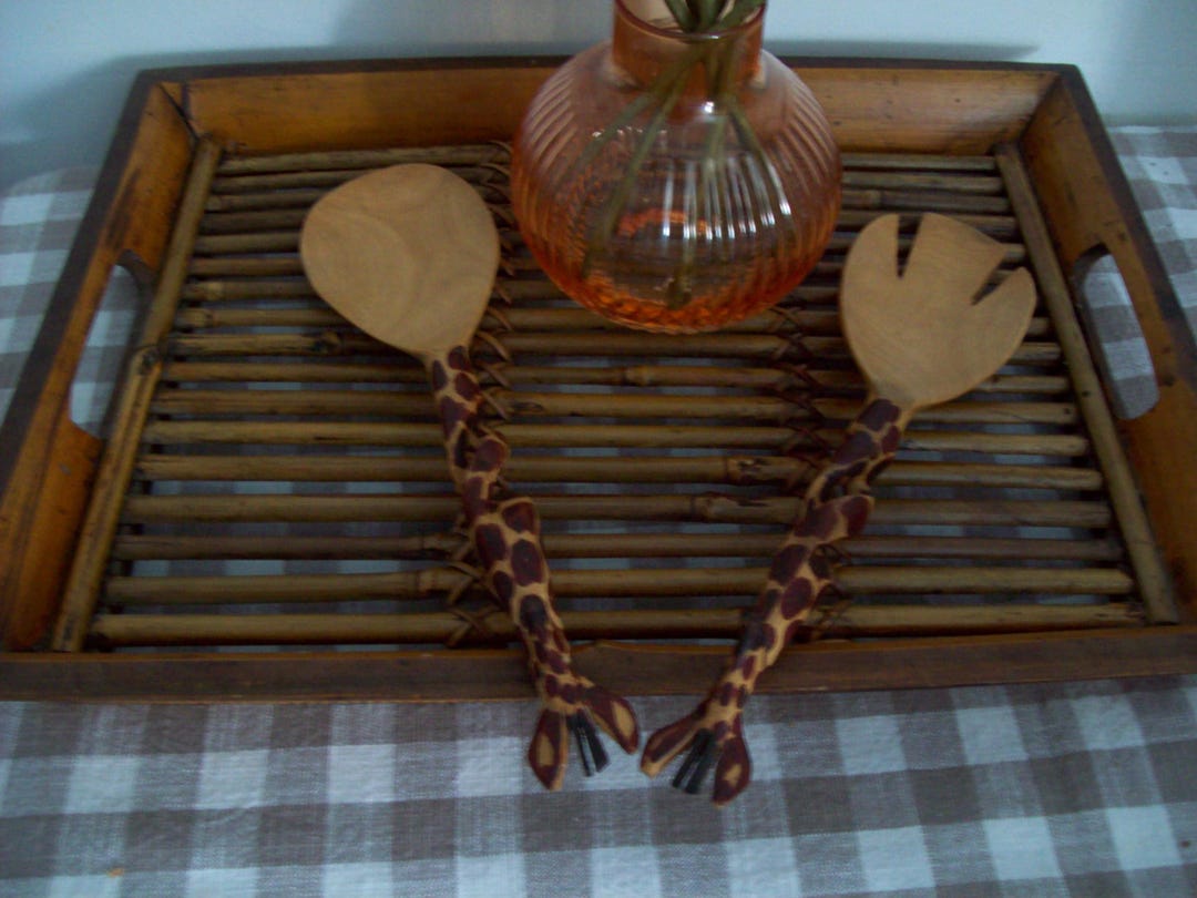 Bamboo Tray Carved Giraffe Salad Servers Rustic Woven Hand Crafted ...