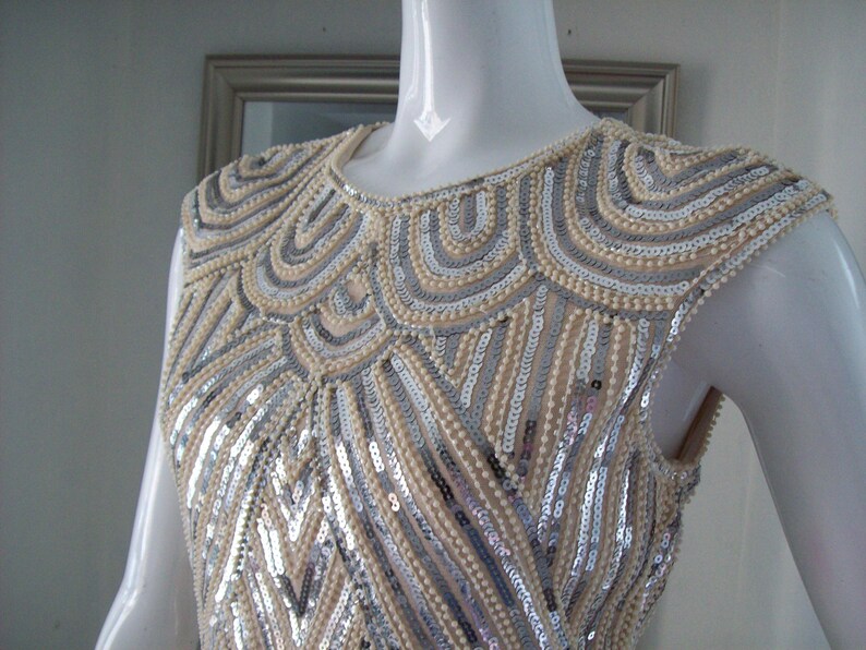 Flapper Dress Nude-beige High Low Fringe Hem Silver Sequins Gatsby ...